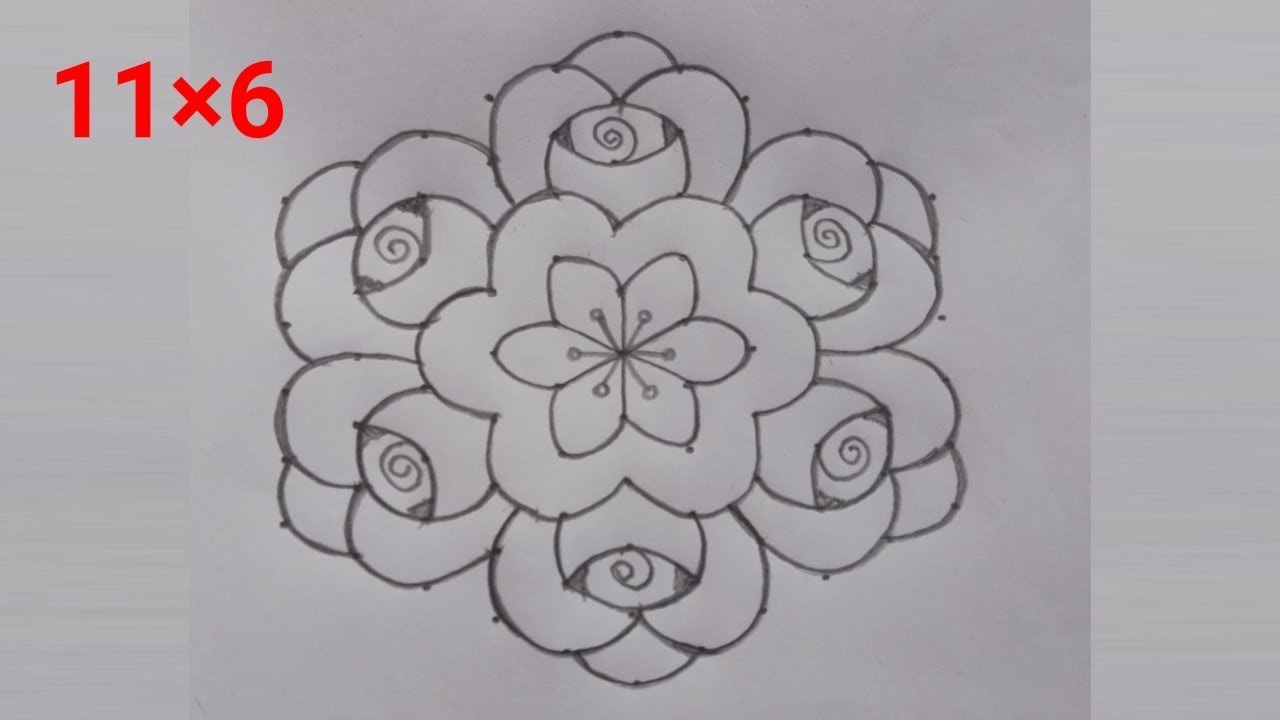 Easy 11×6 dots rangoli | Simple and daily use kolam/muggulu | - YouTube