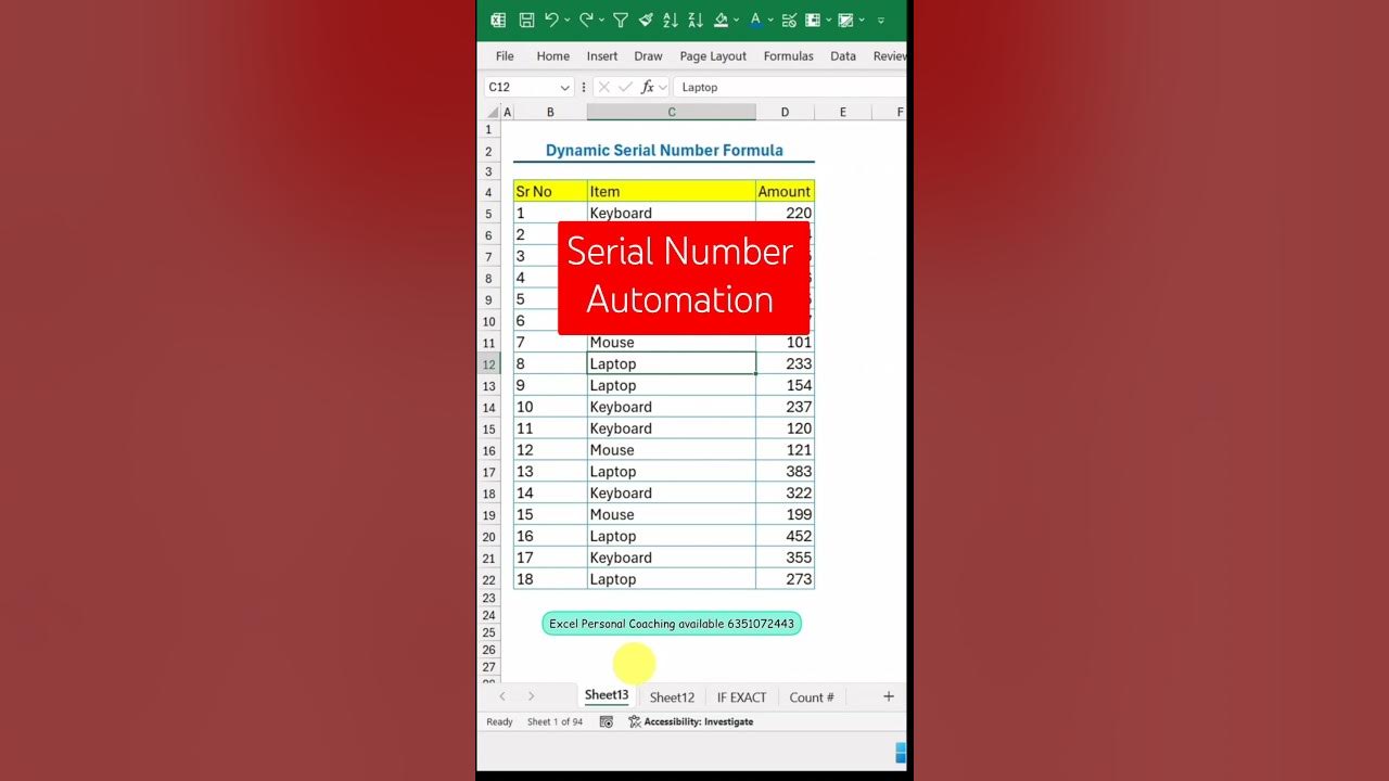 Dynamic Serial No. Formula in excel - YouTube