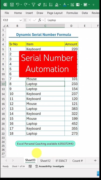 Dynamic Serial No. Formula in excel - YouTube