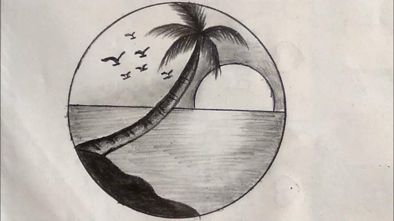 beautiful ☀️ sunset scenery in circle shape pencil drawing - Drawing ...