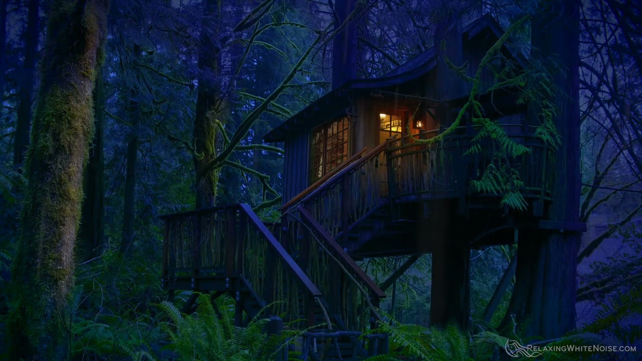 Rainy Night in Enchanted Treehouse 🌧🌲Sleep to Forest Rain Sounds White ...