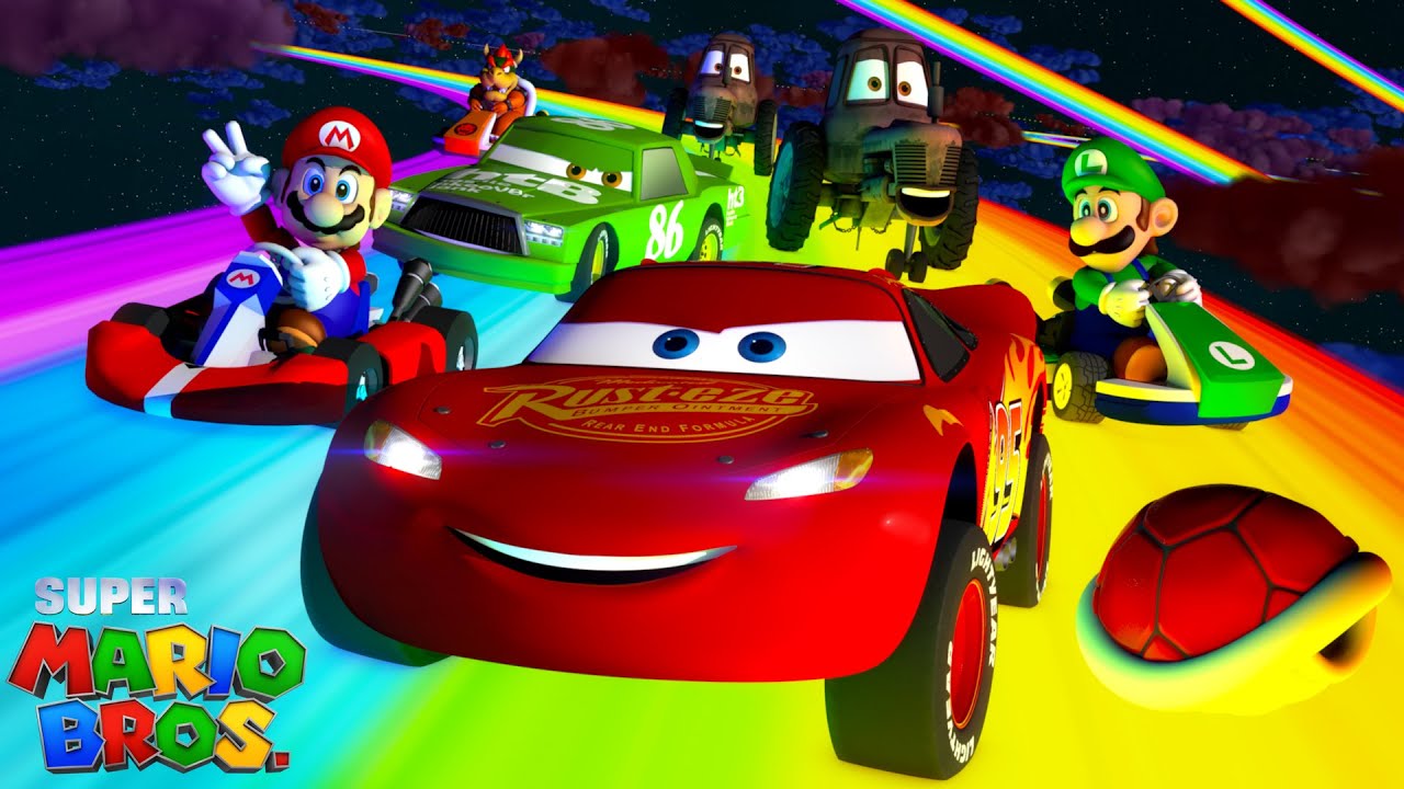 Lightning McQueen Vs Super Mario Bros ⚡ Rainbow Road Ragu - YouTube