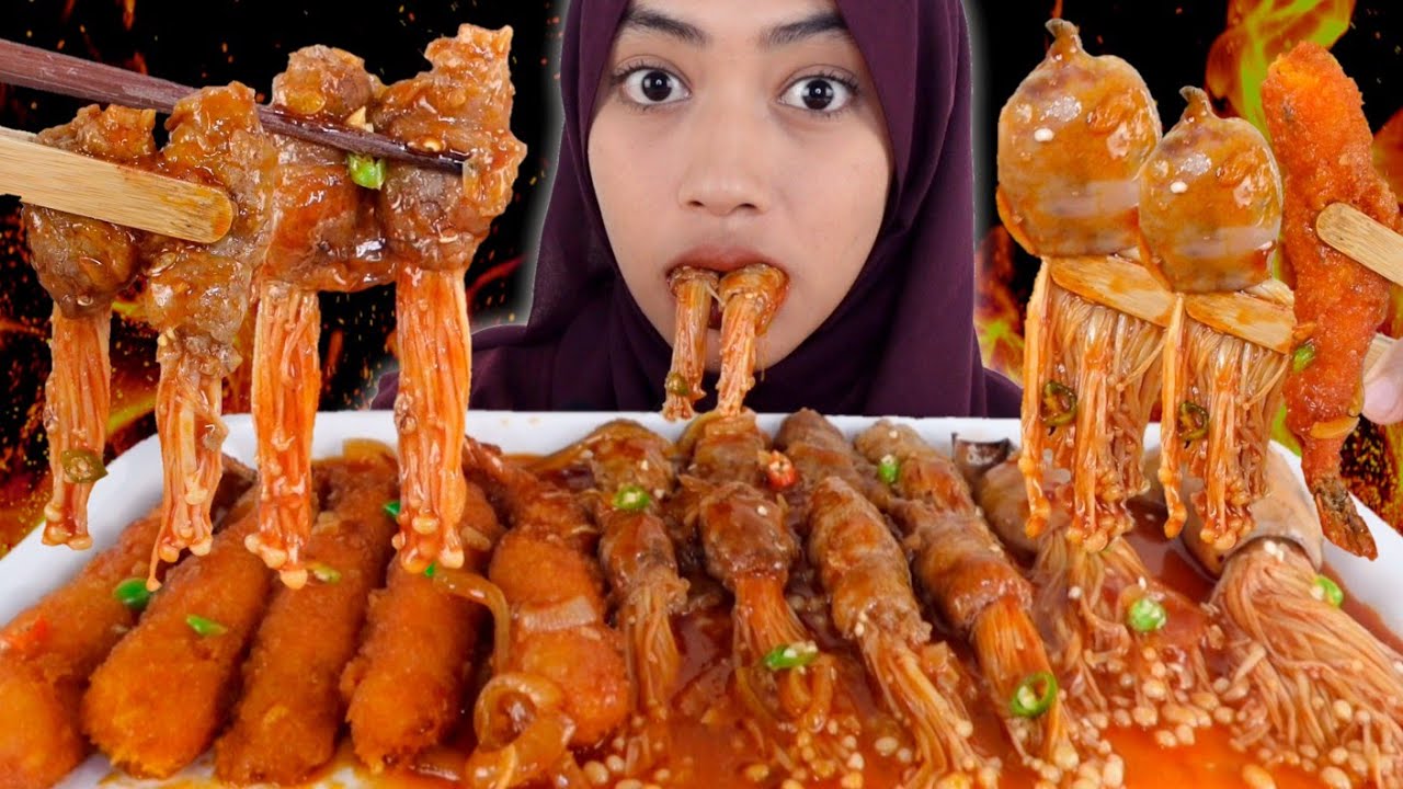 PAKE SAOS SAMYANG! MUKBANG EBI FURAI CUMI ENOKI BEEF ROLL SPICY ...