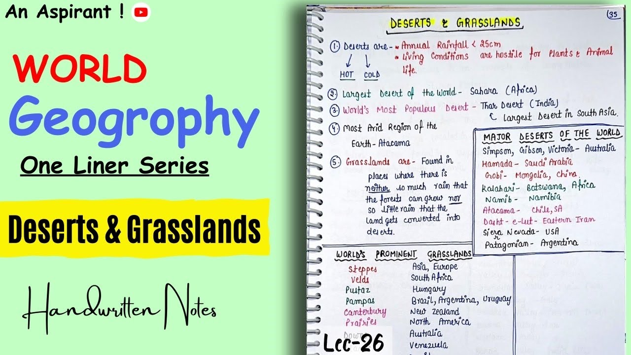 Deserts & Grasslands || Lec.26 || World geography || One Liners (Topic ...
