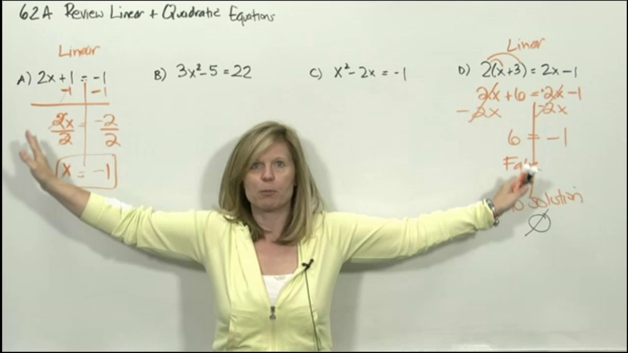 math 112 section 6.2A review of linear and quadratic equations - YouTube