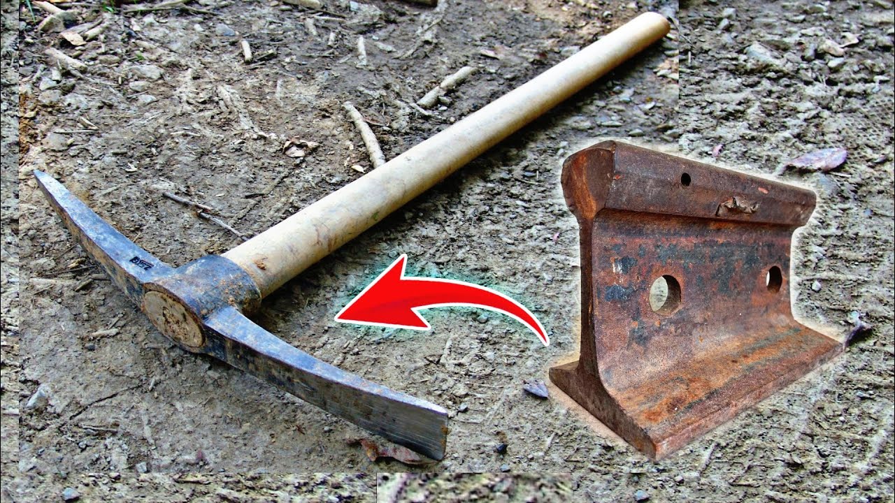 Process of Making Pickaxe from Rusted Railroad Steel Track | Forging a ...