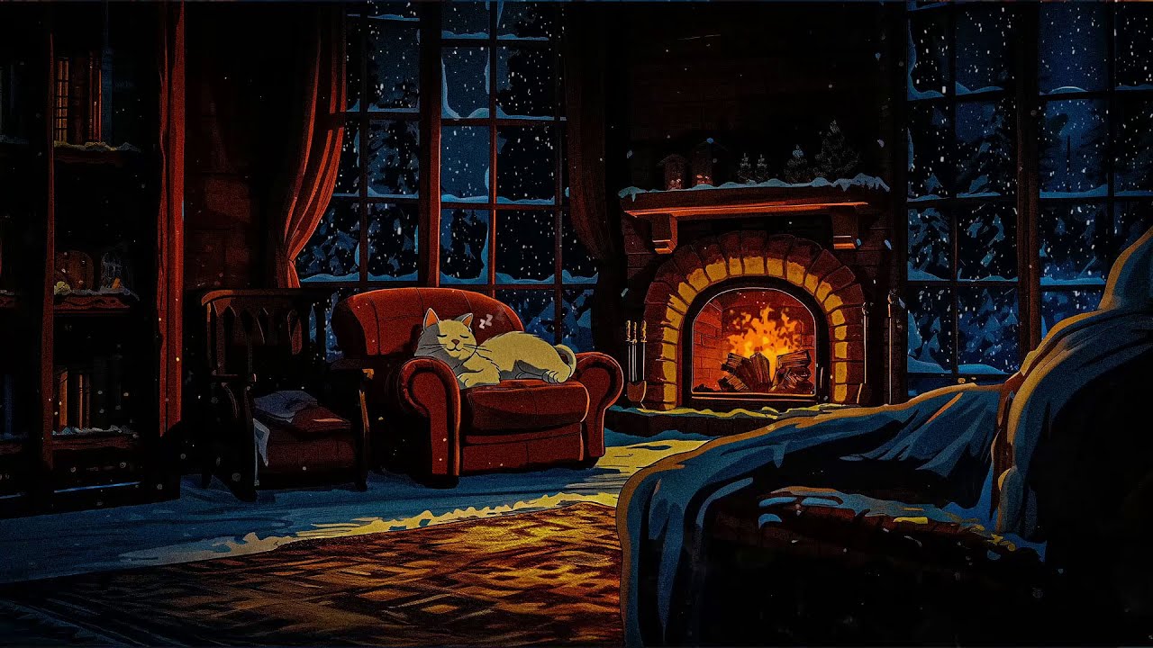 Warm Fireplace in an Oldies Disney Living Room 😴 Snow Falling Outside ...