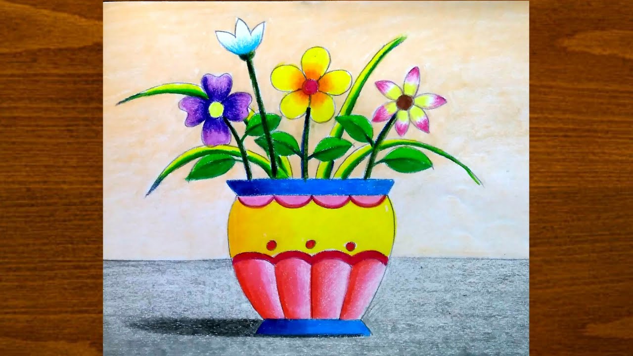 Flower vase with flowers drawing step by step/Flower vase drawing for ...