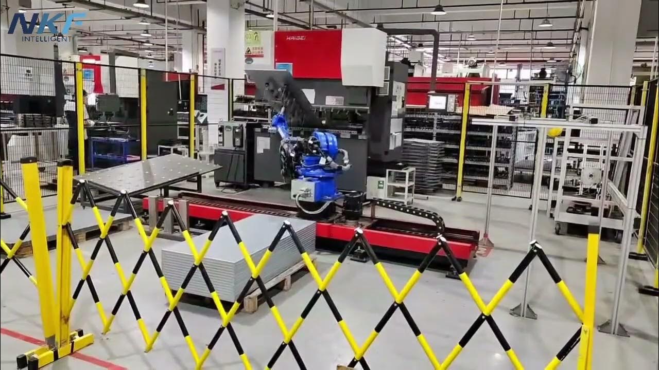 Yaskawa robot matched with our linear track is applied to automated bending. - YouTube