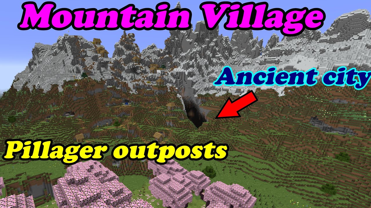 Minecraft 1.20 mountain village with cherry blossom and ancient city seed - YouTube