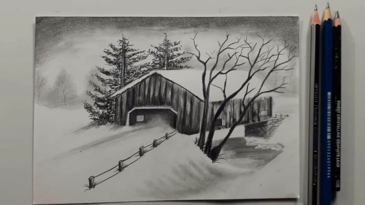 how to draw snow fall scenery with pencil - YouTube