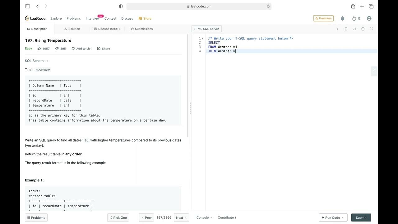 Rising Temperature #leetcode #mysql #mssqlserver #easy - YouTube