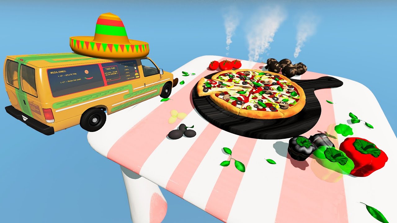 Jumping cars over hot Pizza - BeamNG.Drive - YouTube