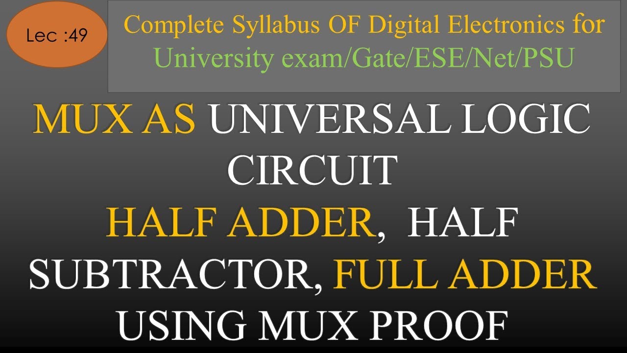 Lec-49 Mux as universal circuit Part-2 | Half Adder, Half-Sub,Full ...
