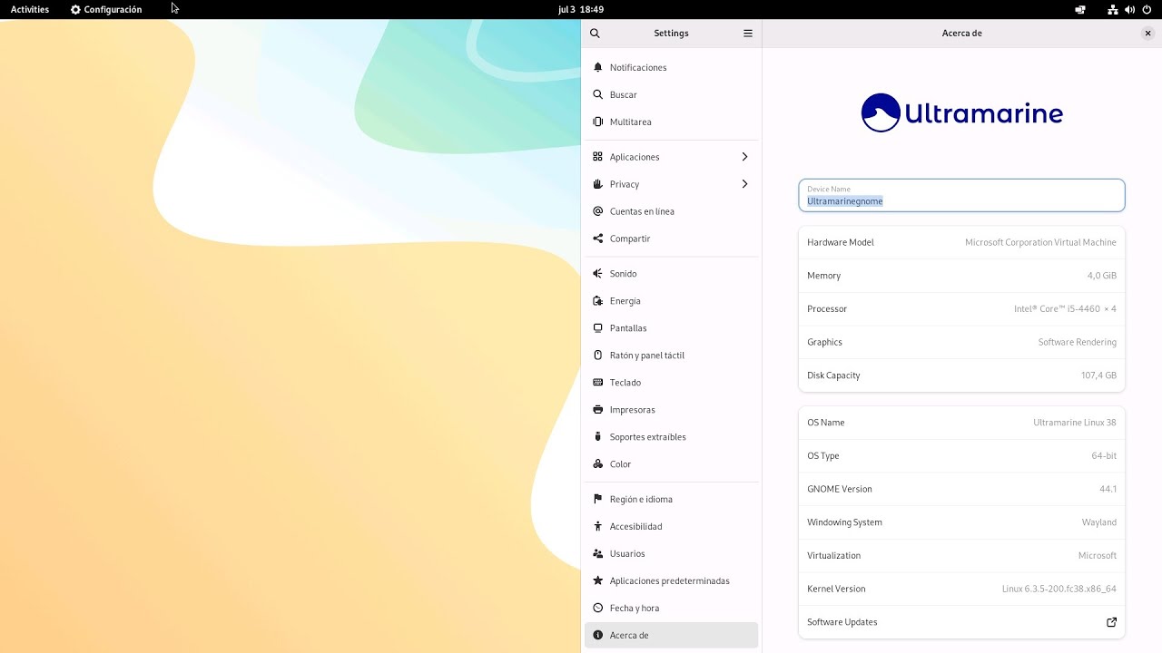 Ultramarine Linux 38 (Tortuga), con escritorio Gnome sobre Hyper-V - YouTube