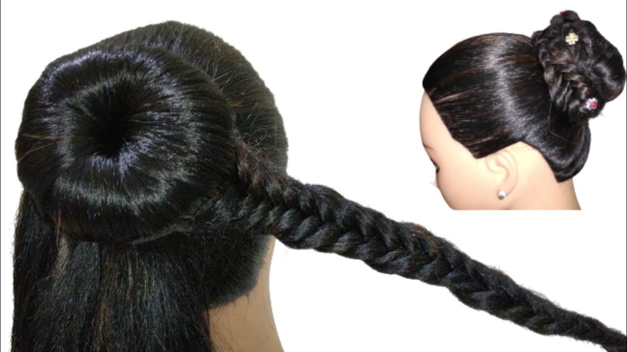 khajuri braid hairstyle banaye bun ke shath | bun with fishtail khajuri ...