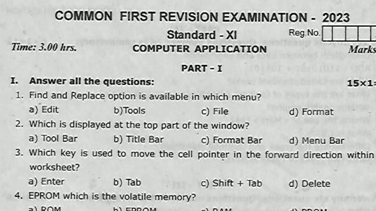 11th computer application first revision exam question paper 2024 ...