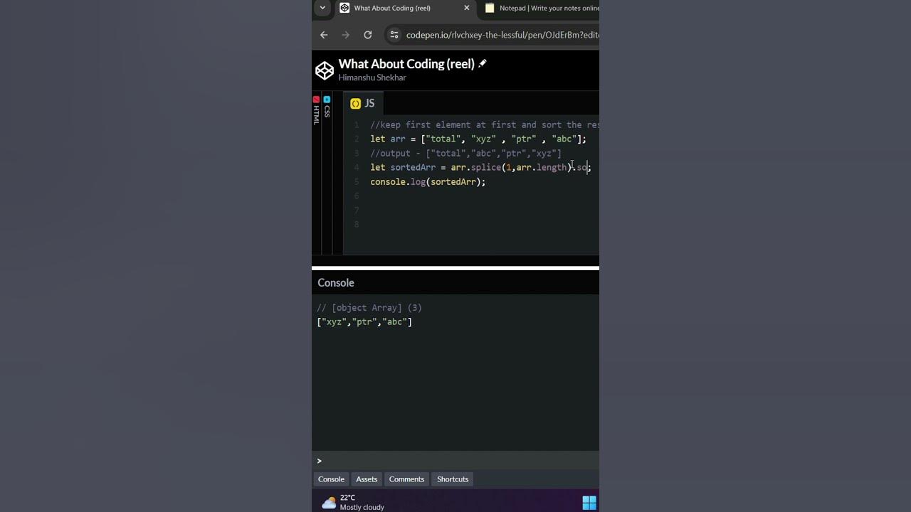 Keep First Element And Sort The Rest In Array Javascript Dsa Strings Javascriptshorts Youtube