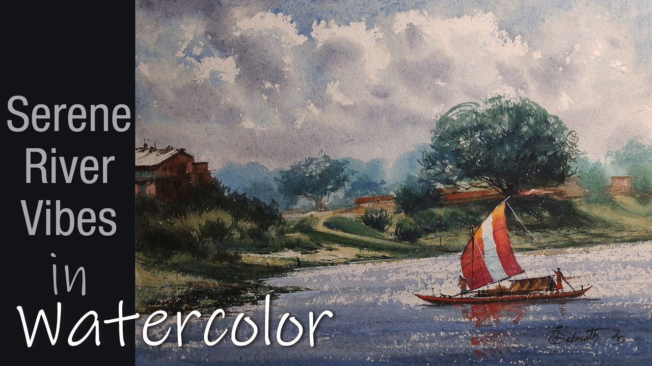 Watercolor River Scene | Traditional Boat & Landscape - YouTube