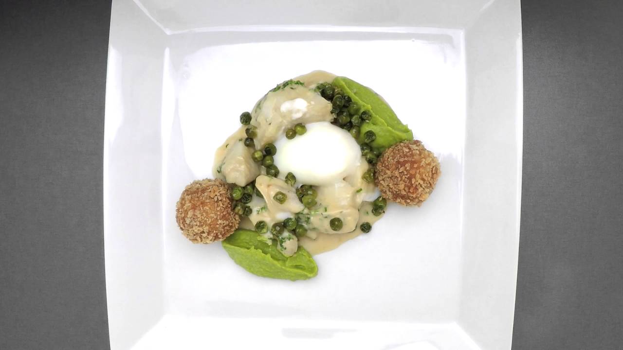 Plating of main course with cod in shrimp sauce. - YouTube