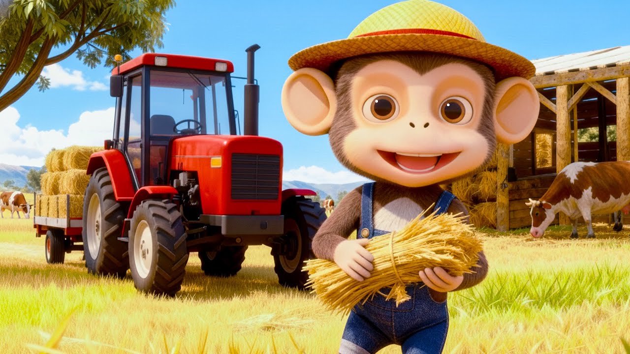 Farm Work: Monkey Farmer Drives Harvester To Harvest Rice to Feed Cows ...