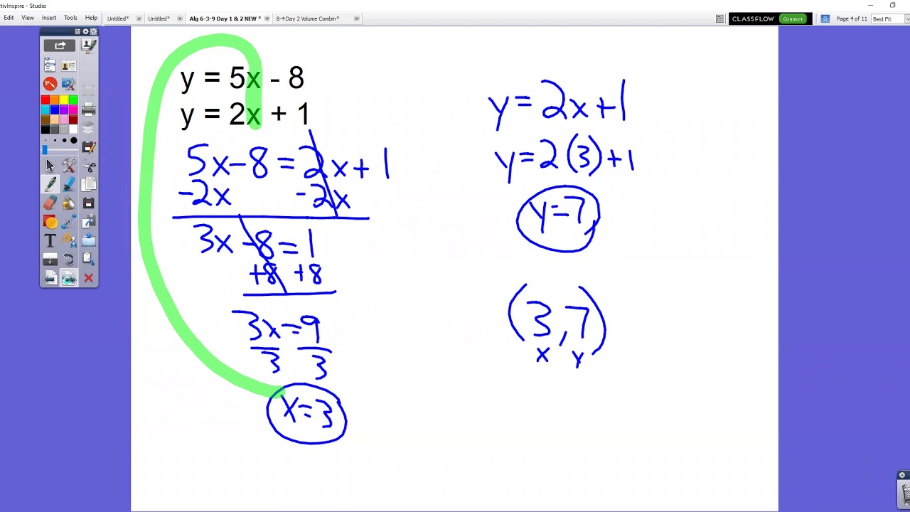 Algebra 6 3-9 Solving Systems Algebraically y= to y= - YouTube