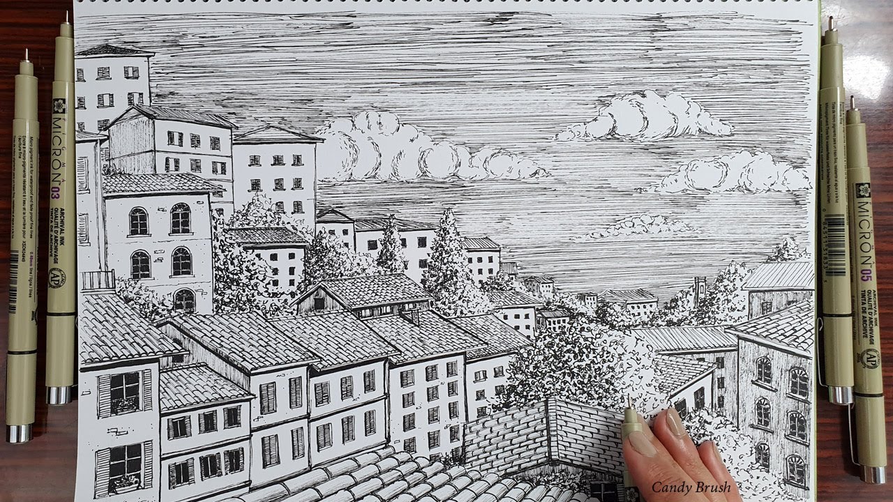 How to Draw A Town From The top View | Pen & Ink Drawing #8 - YouTube