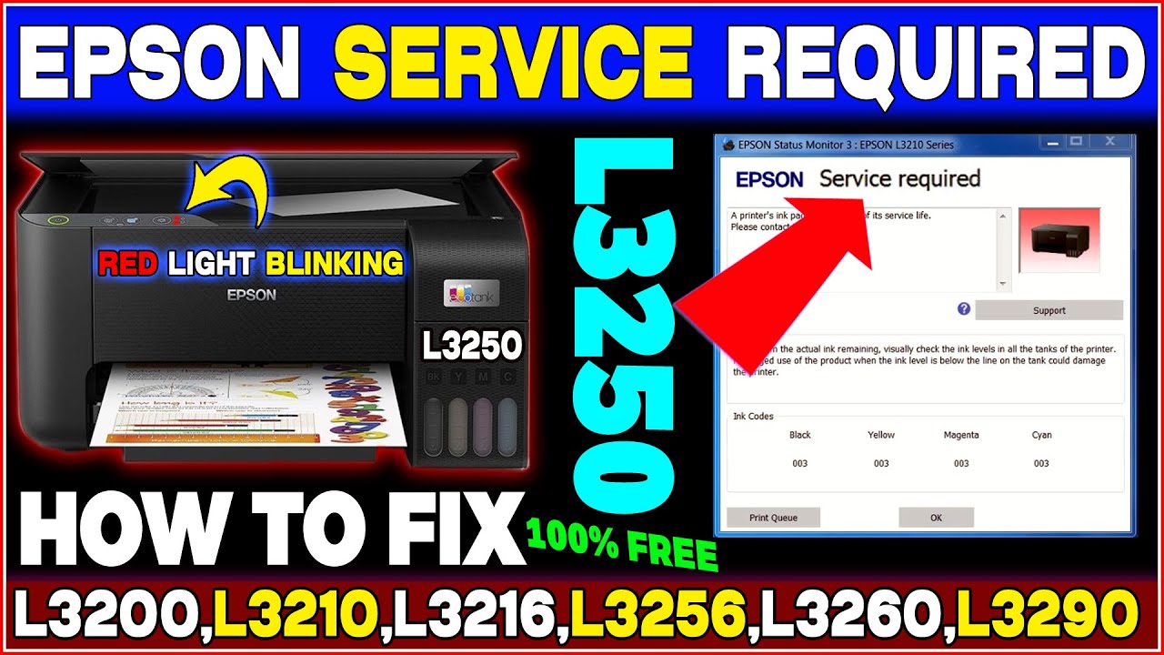 How to fix Epson l3250 printer red light blinking || Epson Service ...