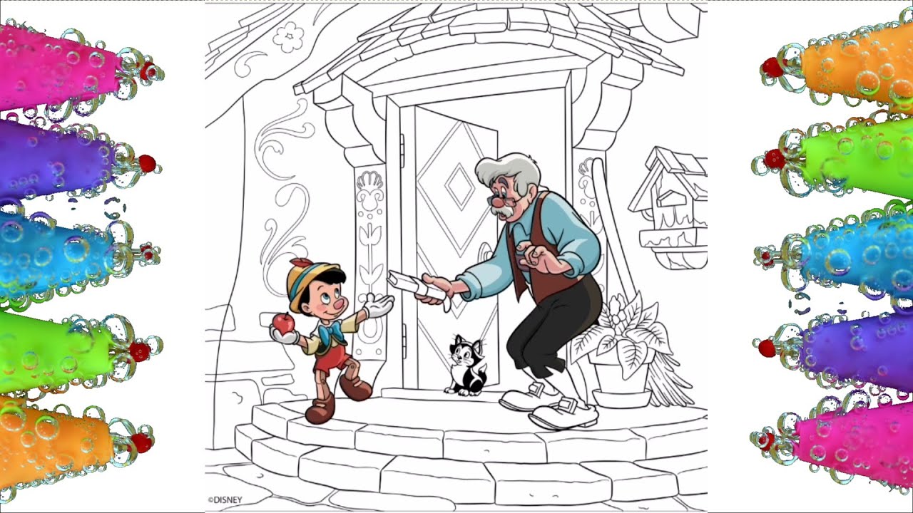 Coloring Disney`s Pinocchio сaracters | Pinoccio & Geppetto | Coloring ...