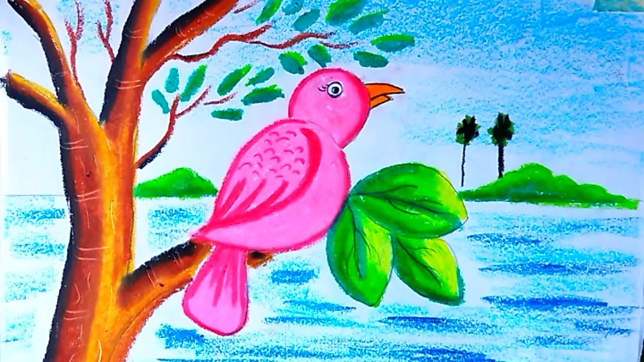 Bird Drawing || how to draw a bird scenery || bird scenery drawing ...