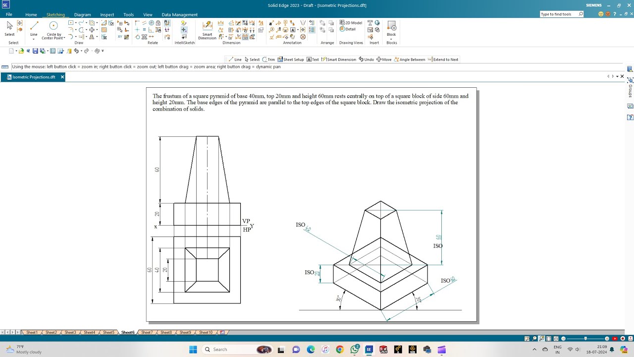 Isometric Projection 06: Frustum of square pyramid placed centrally on ...