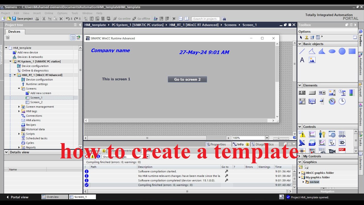 TIA Portal WinCC how to create a template on the screen - YouTube