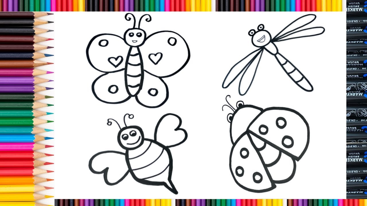 Bee - butterfly - ladybug - dragonfly drawing || How to draw insects ...