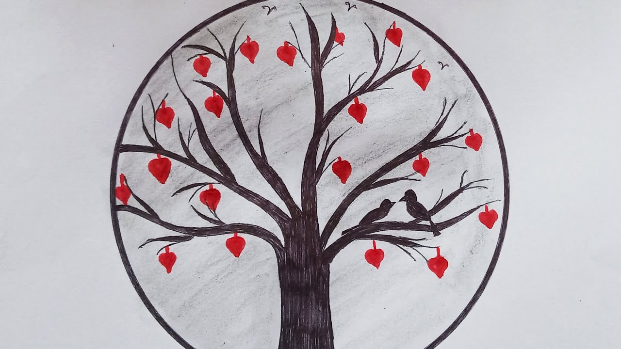Love tree drawing in a circle step by step ll love tree easy art ll ...