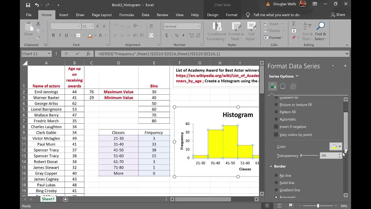 Histogram using Bins, Classes, Class Boundaries Excel 2020 NEW - YouTube