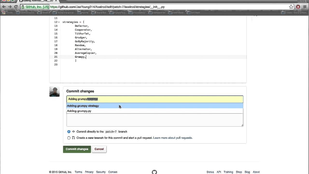 Contributing to the Axelrod tournament on github (demonstrated by Jason) - YouTube