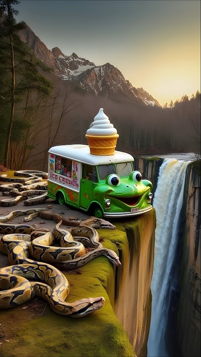 Evolution of ice cream truck on the edge of a cliff surrounded by ...