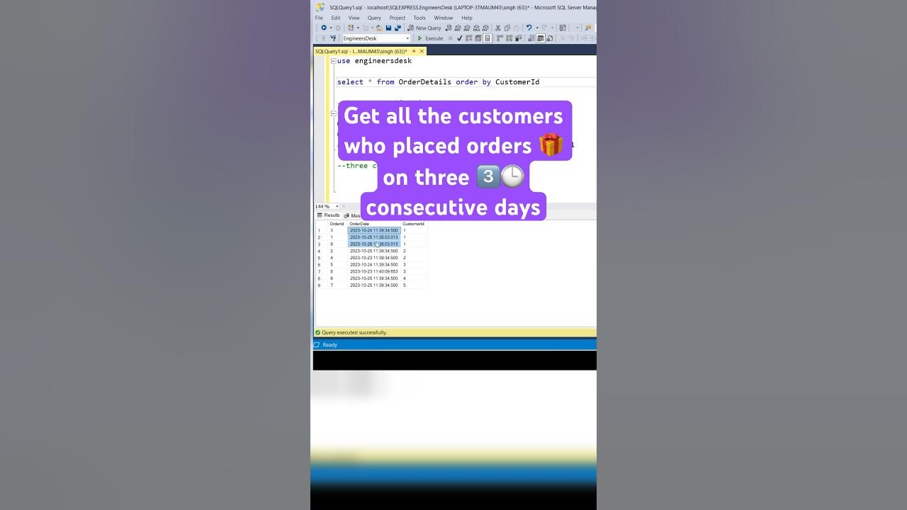 How to find all the customers who placed orders on three consecutive days #shorts #coding #sql ...