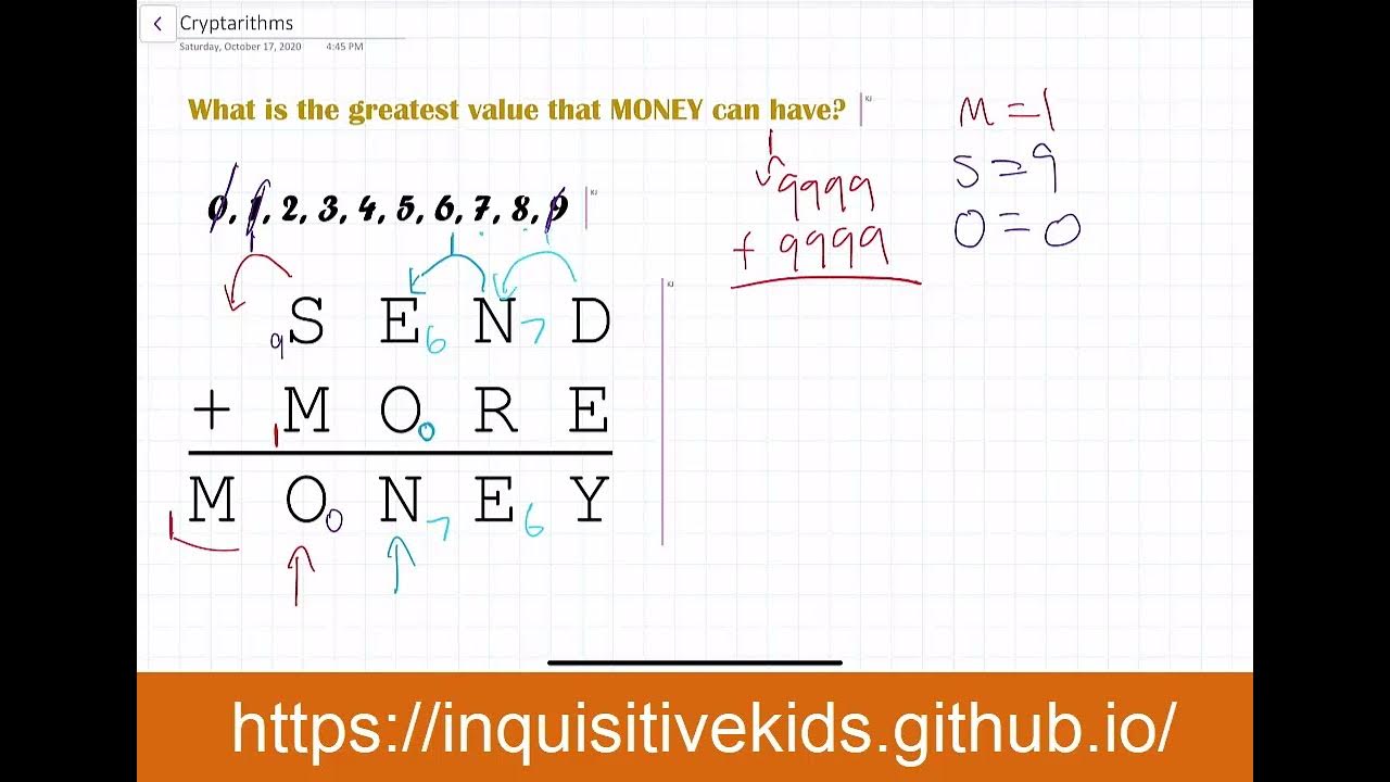 Cryptarithms - SEND + MORE = MONEY - YouTube
