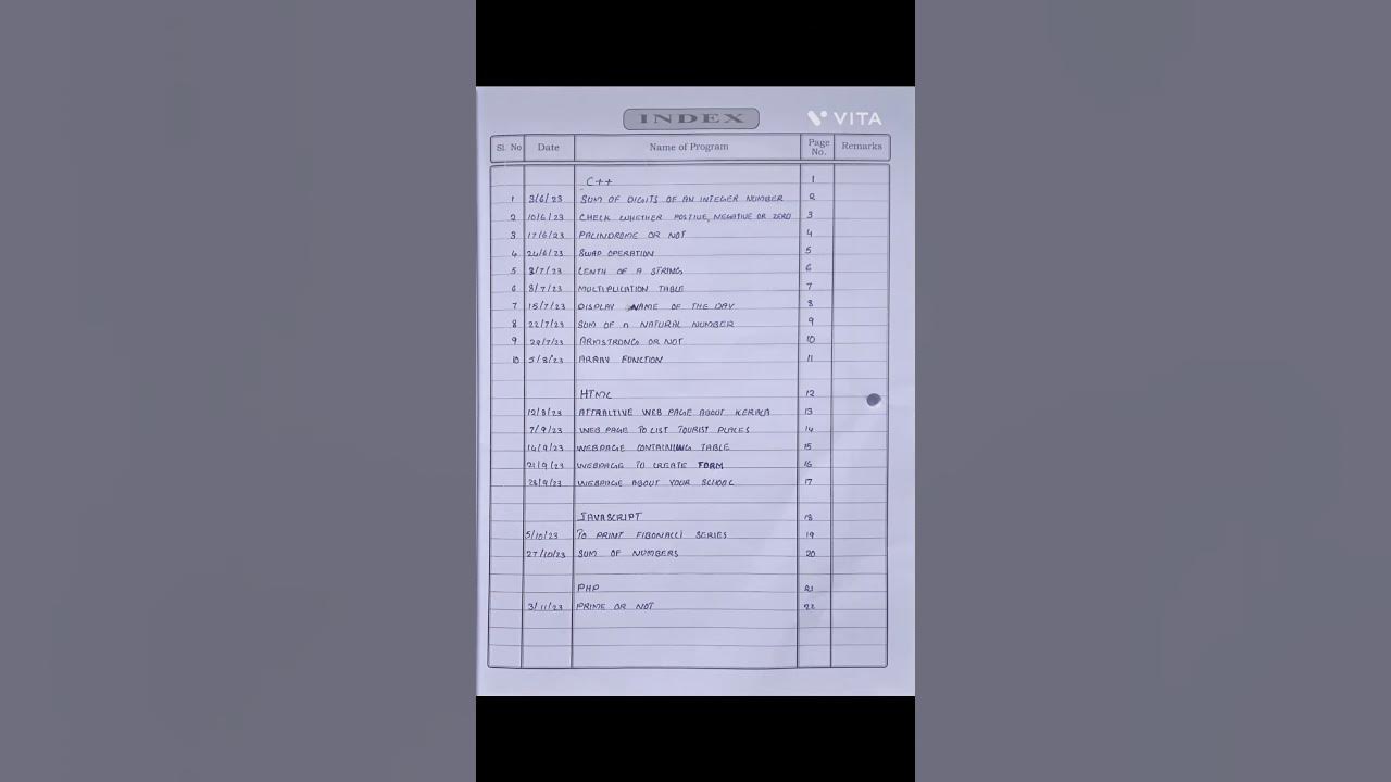 Class 12(Plus two)Computer practical record INDEX. #computerscience #computer #index #plustwo ...