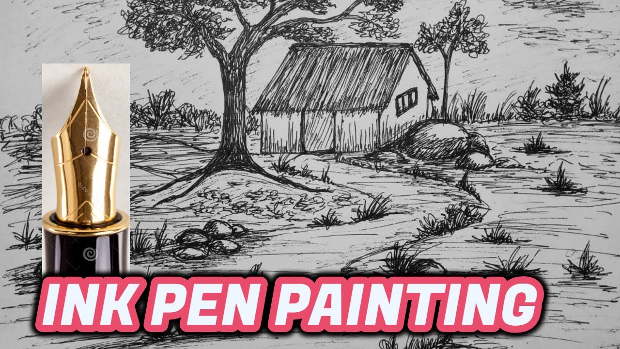 How To Draw Beautiful Village Scenery step by step by INK PEN !! INK ...