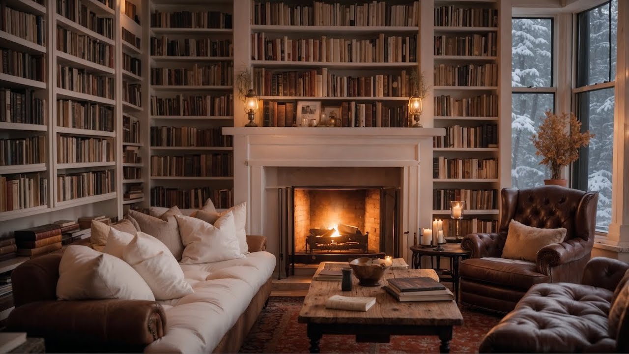 Cozy Winter Library Ambience 📚 Fireplace Sounds for Study and Stress ...
