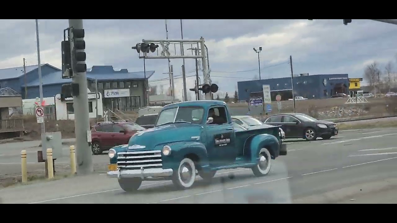 Old turquoise Chevy pick up Main Street in park highway Is Wasilla ...
