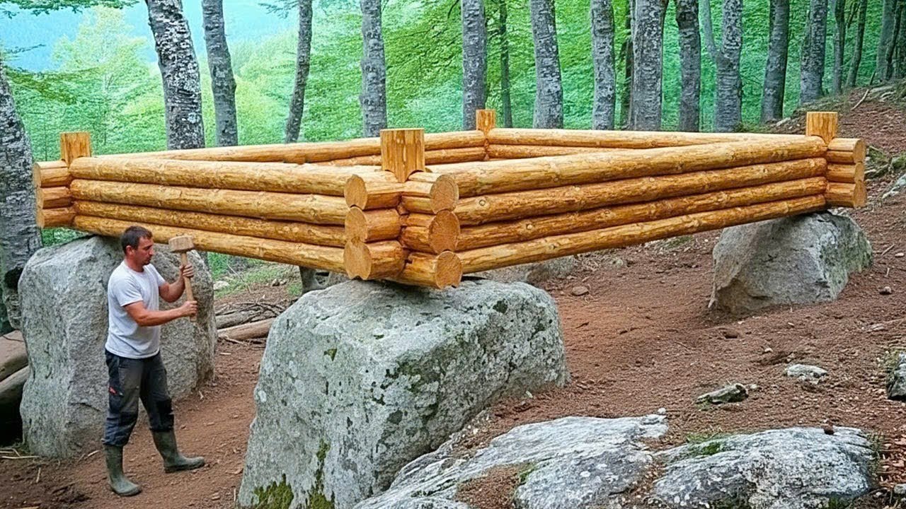 Man build a mountain wood cabin using only hand tools | No modern ...
