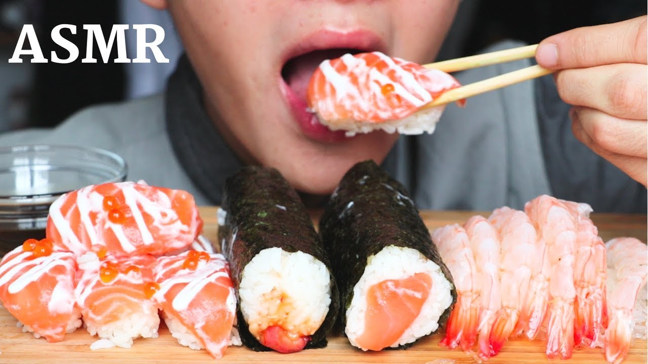 ASMR Eating Sounds | Sushi + Sashimi + Onigiri (Chewy Eating Sound ...