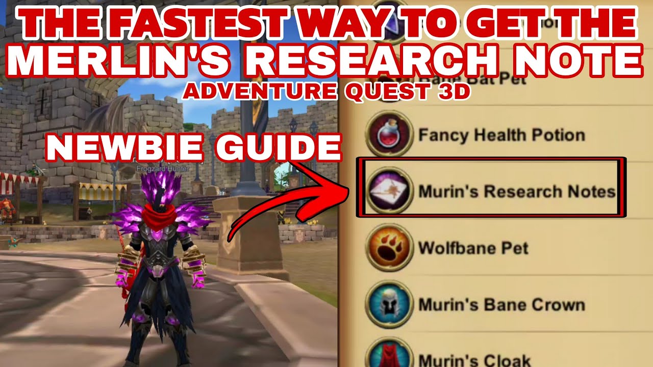 HOW TO GET THE MERLINS RESEARCH NOTE IN ADVENTURE QUEST 3D - NEWBIE GUIDE - YouTube