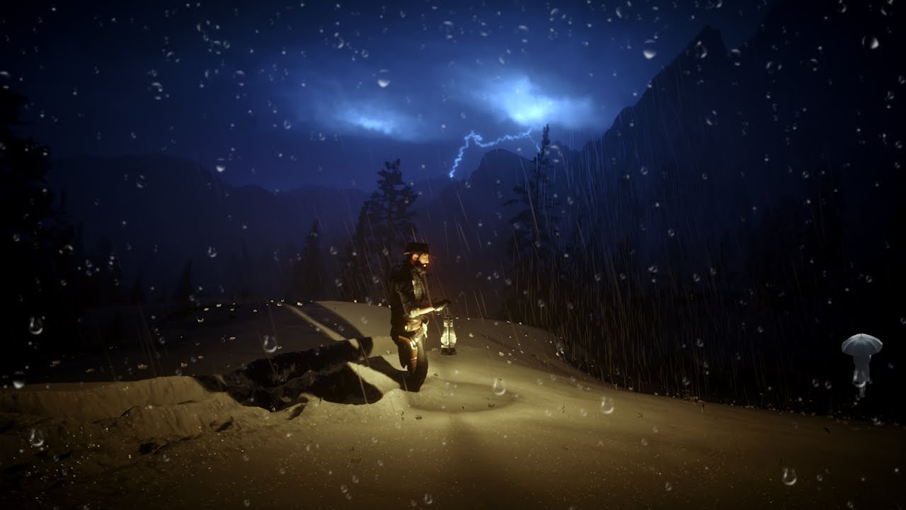 Arthur Morgan walking during a thunderstorm | Mountain road covered in ...