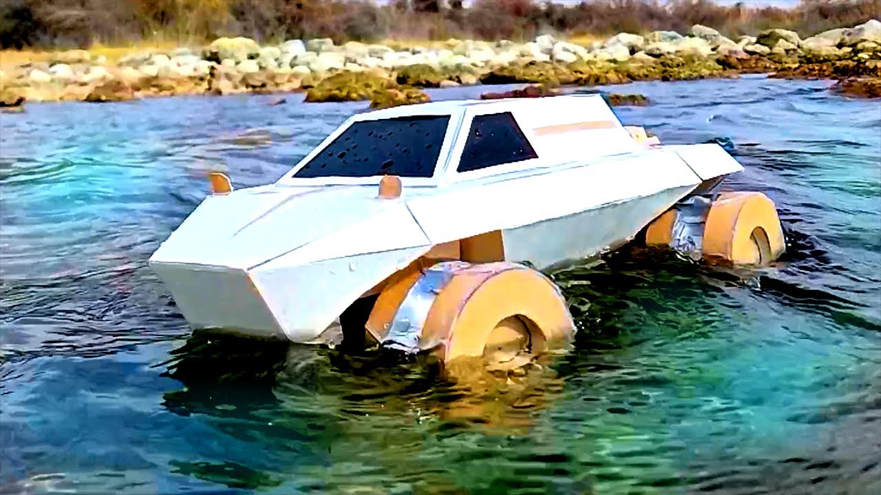 DIY cardboard RC amphibious car dives from rocks and floats on water ...