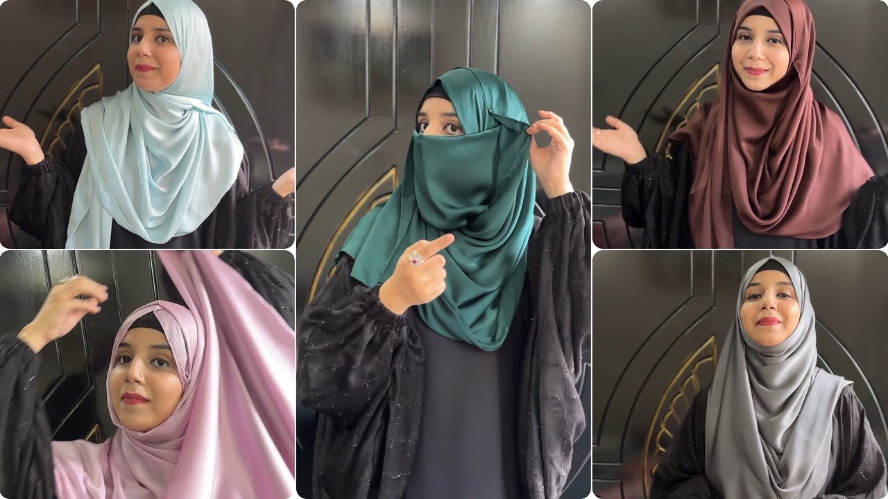 5 hijab tutorials with muna satin hijabs by iqra || quick hijab tutorials - YouTube
