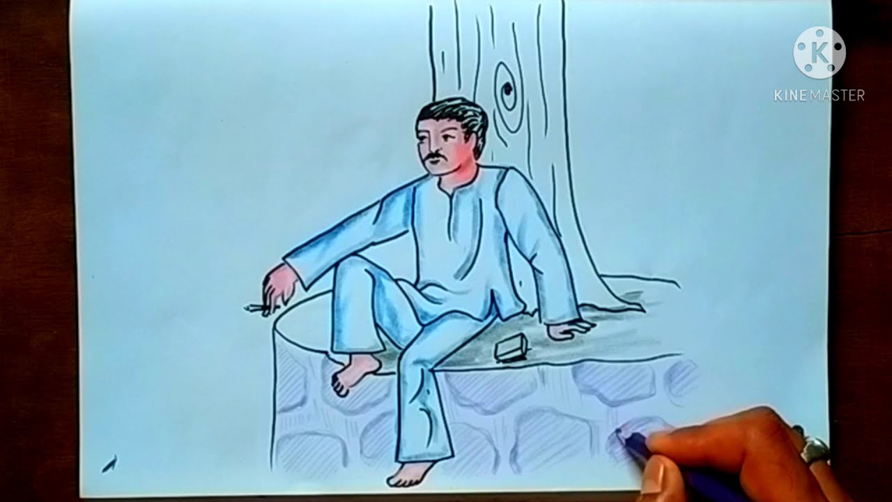 How to draw village man sitting under the tree || Easy tutorial for ...